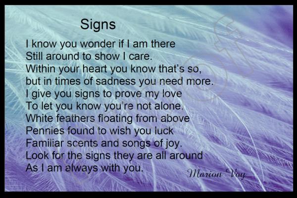 Signs .Remembrance / memorial card with white feather charm